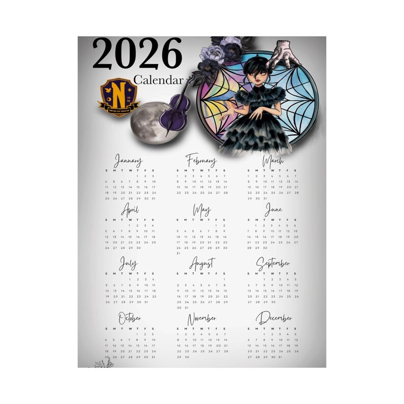 2026 Wednesday Addams Inspired Calendar | Gothic Doodles | Digital ...