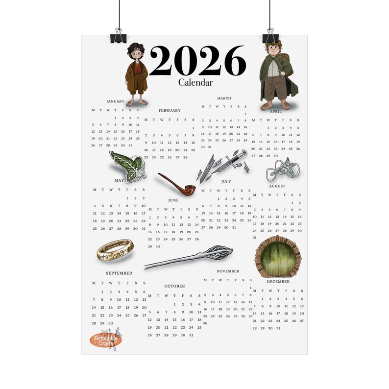 Posters, 2026 Lord of the Rings Annual Calendar Grid, Hand-illustrated ...