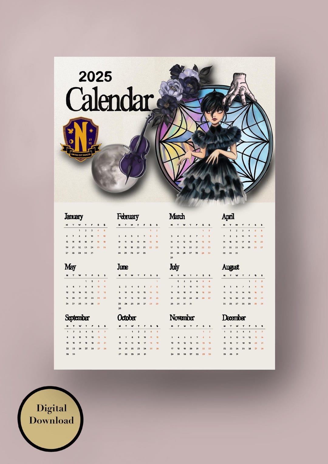 2025 Calendar | Gothic Wednesday-inspired Calendar | Digitally ...