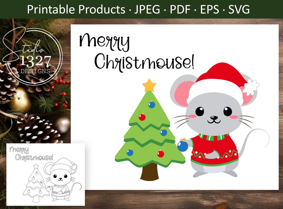 Christmas Mouse SVG: Holiday Printable Card & Coloring Page (digital ...