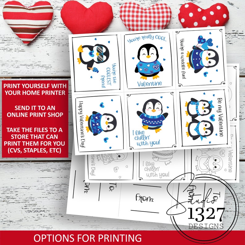 Penguin Valentine Cards: Kids Printable Valentines, Coloring Set ...