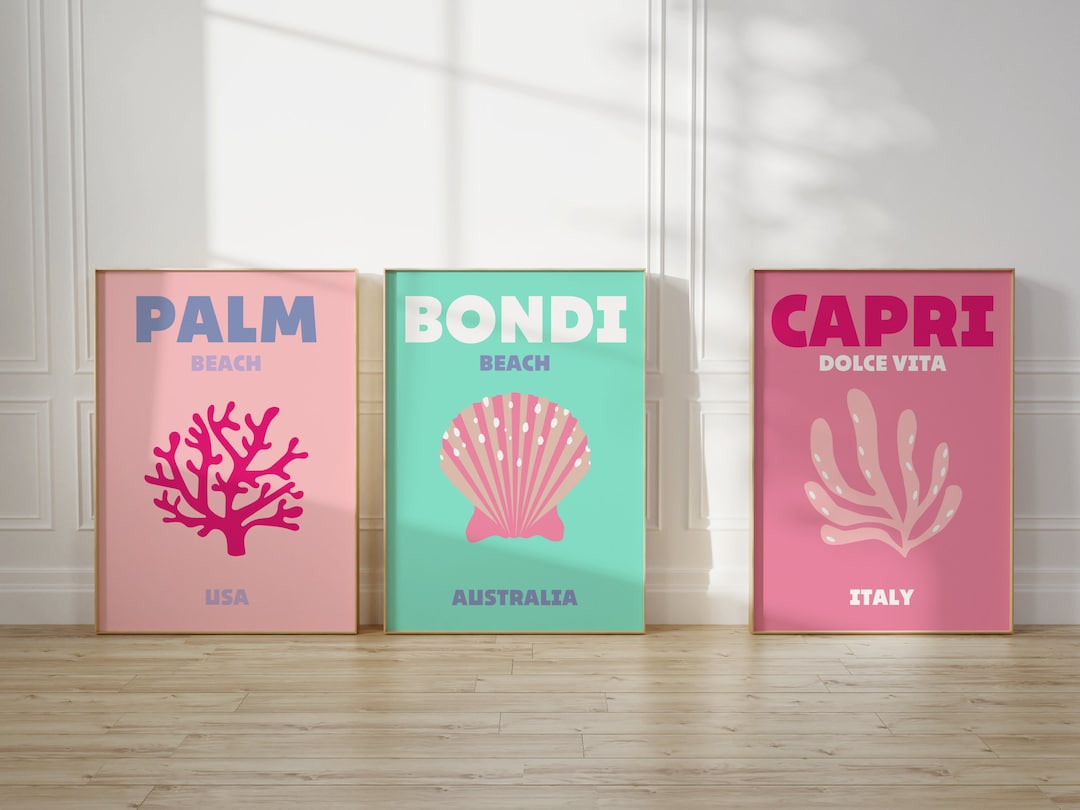 Travel Poster Set of 3 Prints, Palm Bondi Capri, Gallery Preppy Wall ...