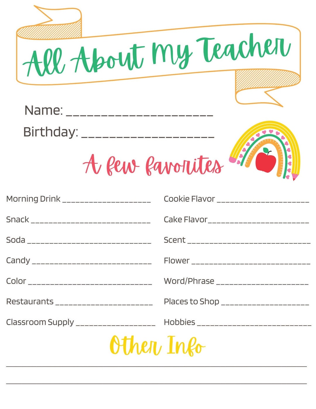 All About My Teacher Printable - Etsy