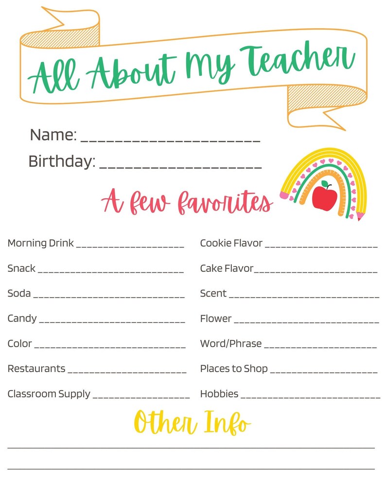 All About My Teacher Printable - Etsy