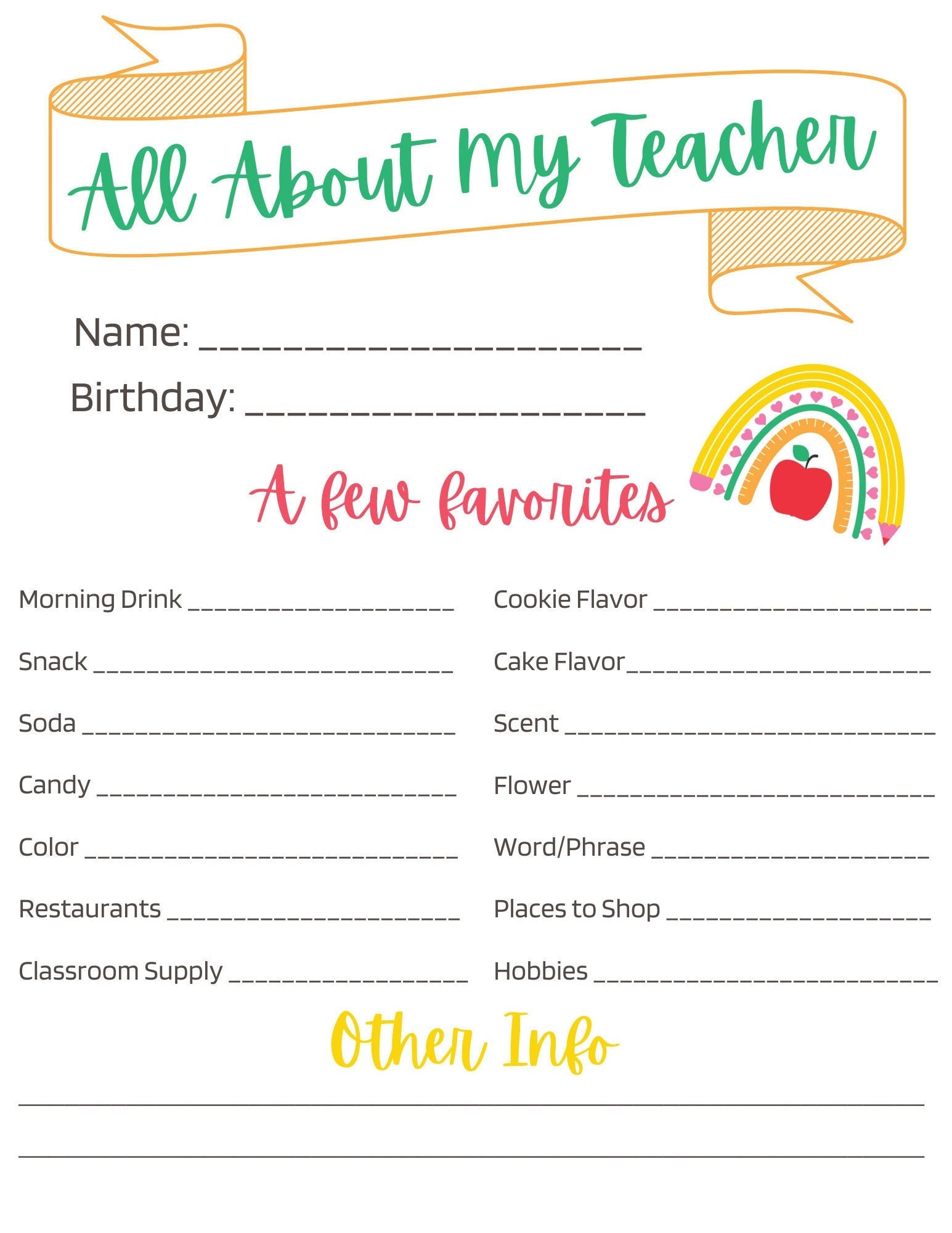 All About My Teacher Printable - Etsy