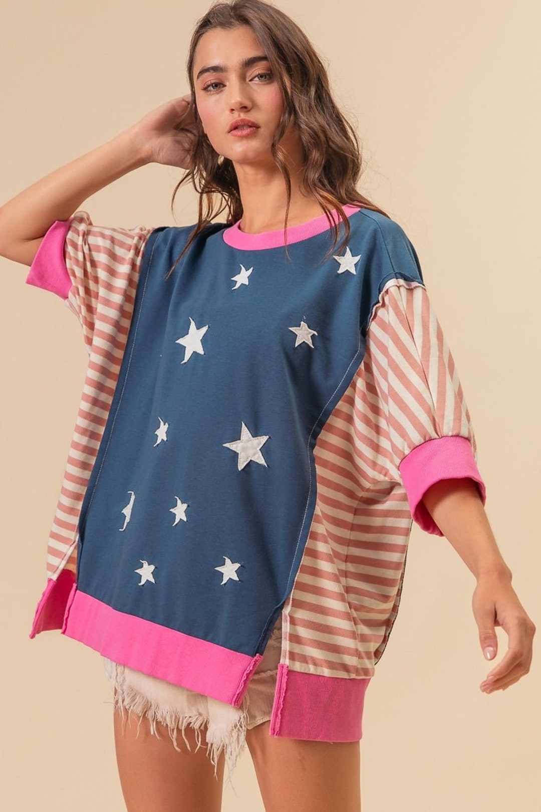 Bibi US Flag Theme Color Block Star Patch T-shirt - Etsy