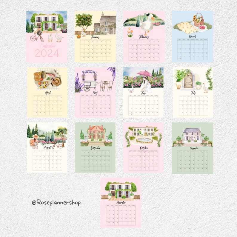 2024 Calendar Printable, Desk Calendar Monthly, Cottage Core Watercolor ...