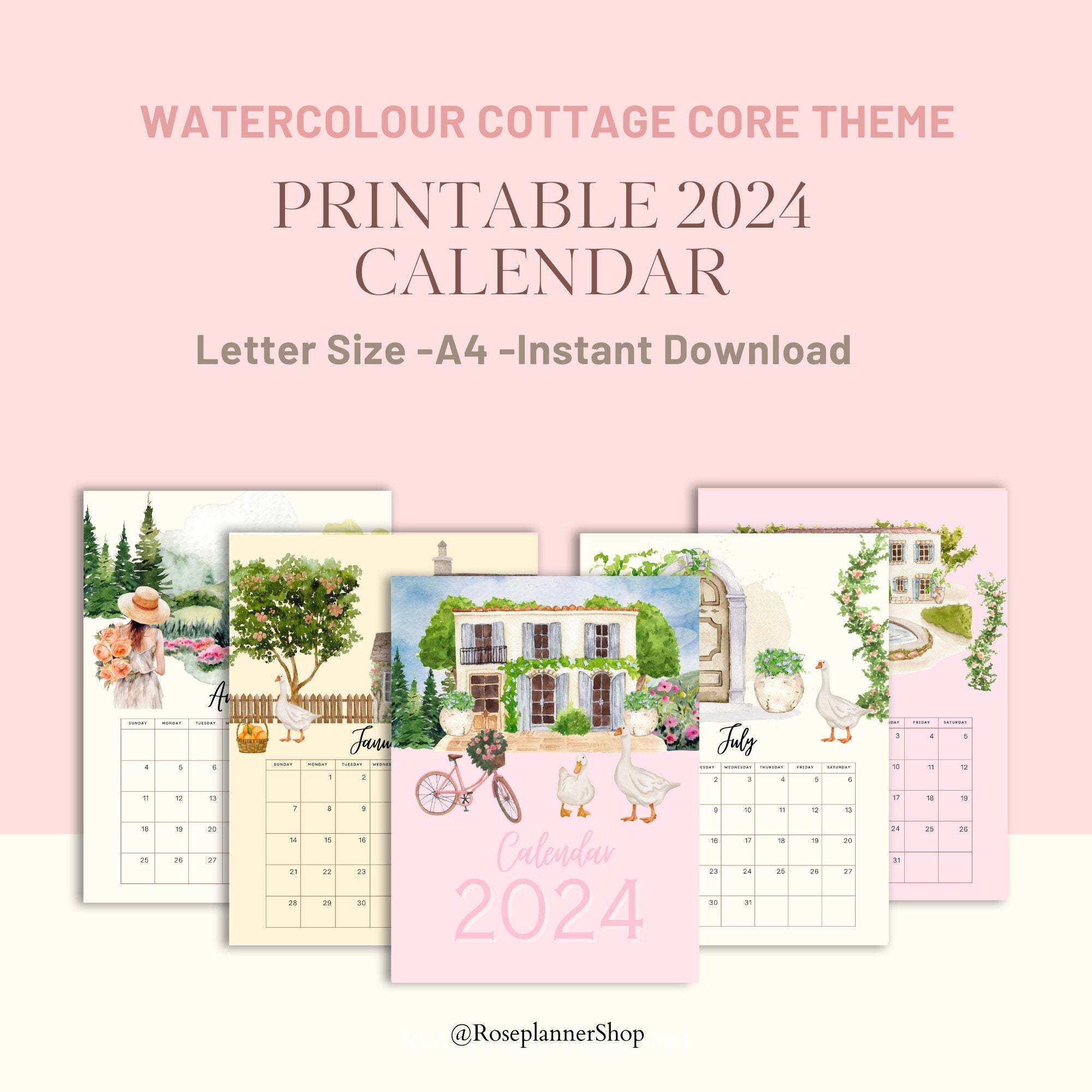 2024 Calendar Printable, Desk Calendar Monthly, Cottage Core Watercolor ...
