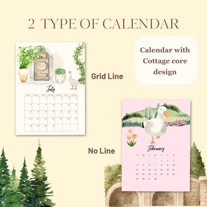 2024 Calendar Printable, Desk Calendar Monthly, Cottage Core Watercolor ...