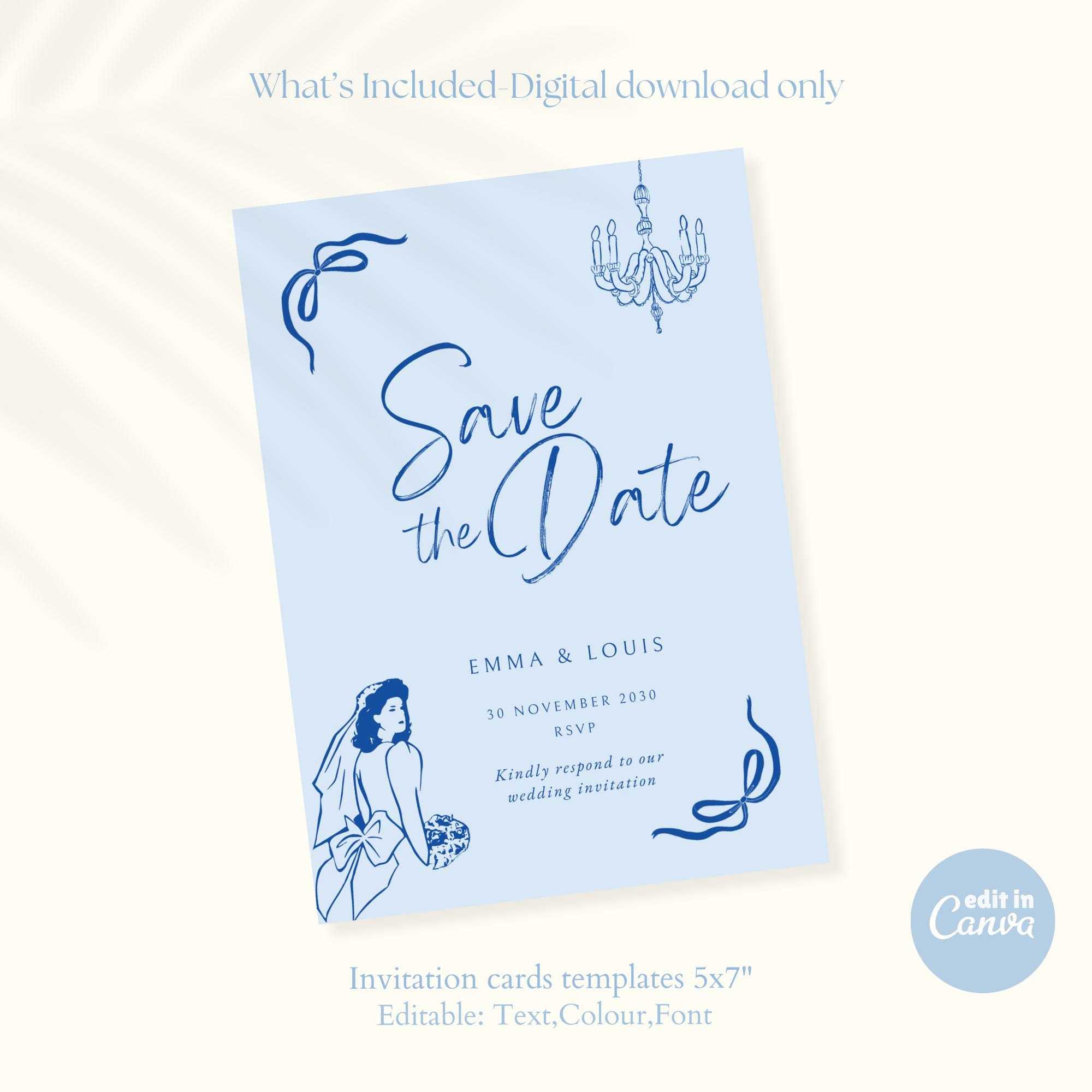 Classic Blue Save the Date Template, Wedding Invitation, Hand Drawn ...