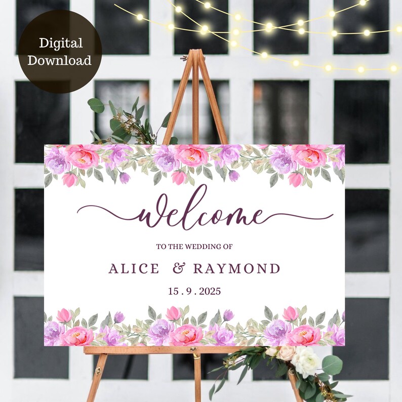 Wedding Welcome Sign Template With Watercolor Purple Pink Flowers ...