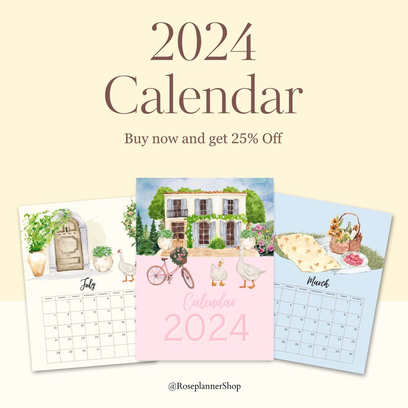 2024 Calendar Printable, Desk Calendar Monthly, Cottage Core Watercolor ...