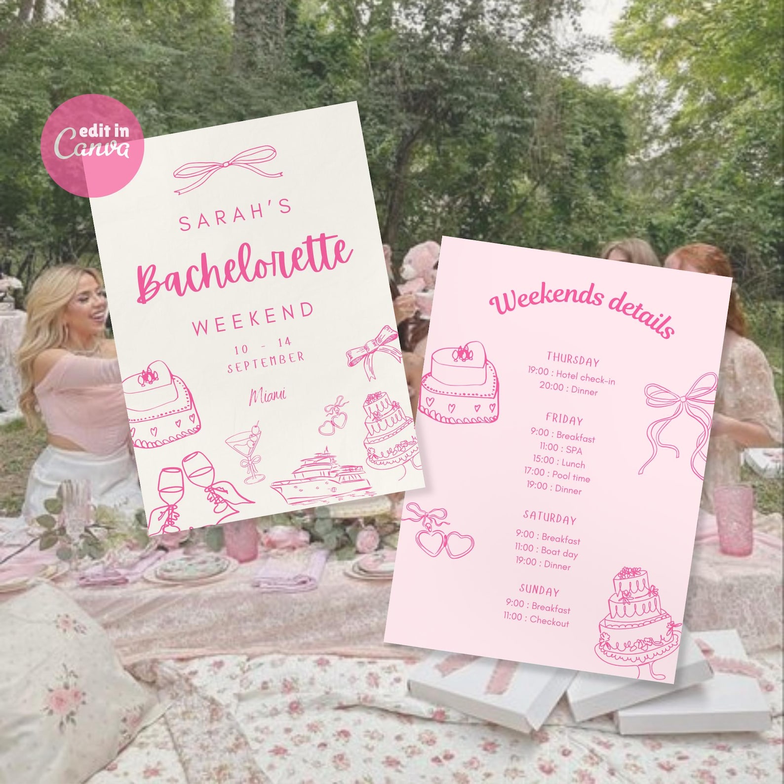Coquette Bachelorette Party Itinerary & Invitation: Pink Bow Picnic ...