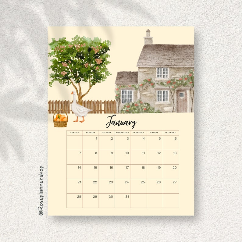 2024 Calendar Printable, Desk Calendar Monthly, Cottage Core Watercolor ...