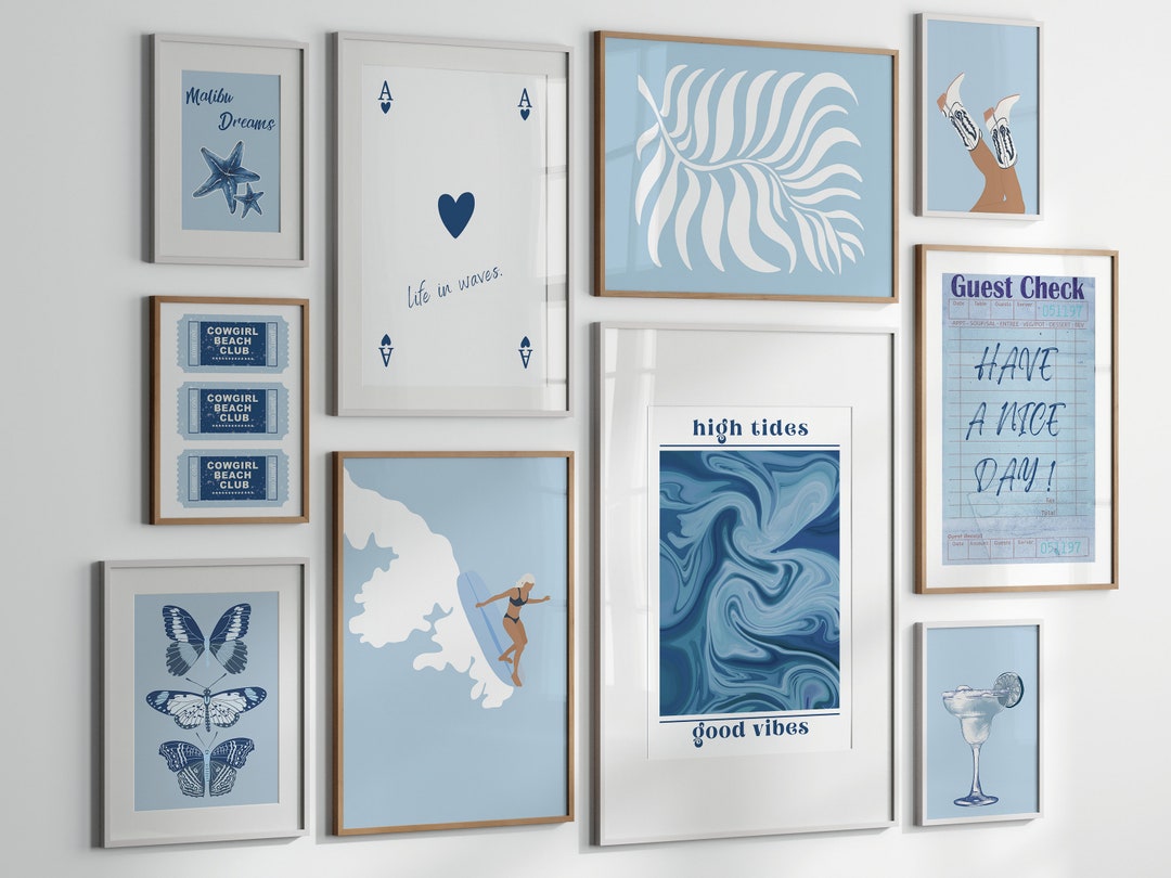 Blue Preppy Wall Art Set of 10, Preppy Dorm Decor, Blue Trendy Wall Art ...