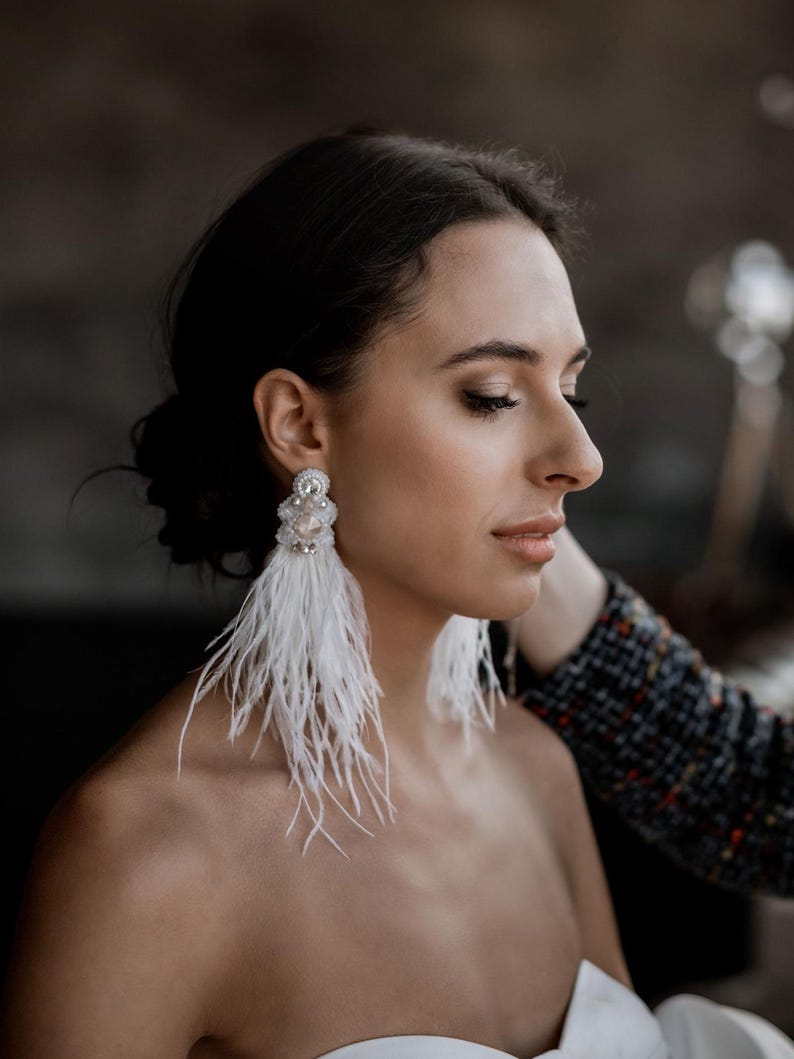 Earrings for Bride Extra Long White Ostrich Feather Earrings Massive ...