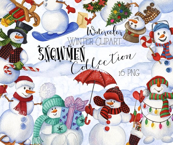 Watercolor Snowman Clipart. Winter Landscape Clipart. - Etsy