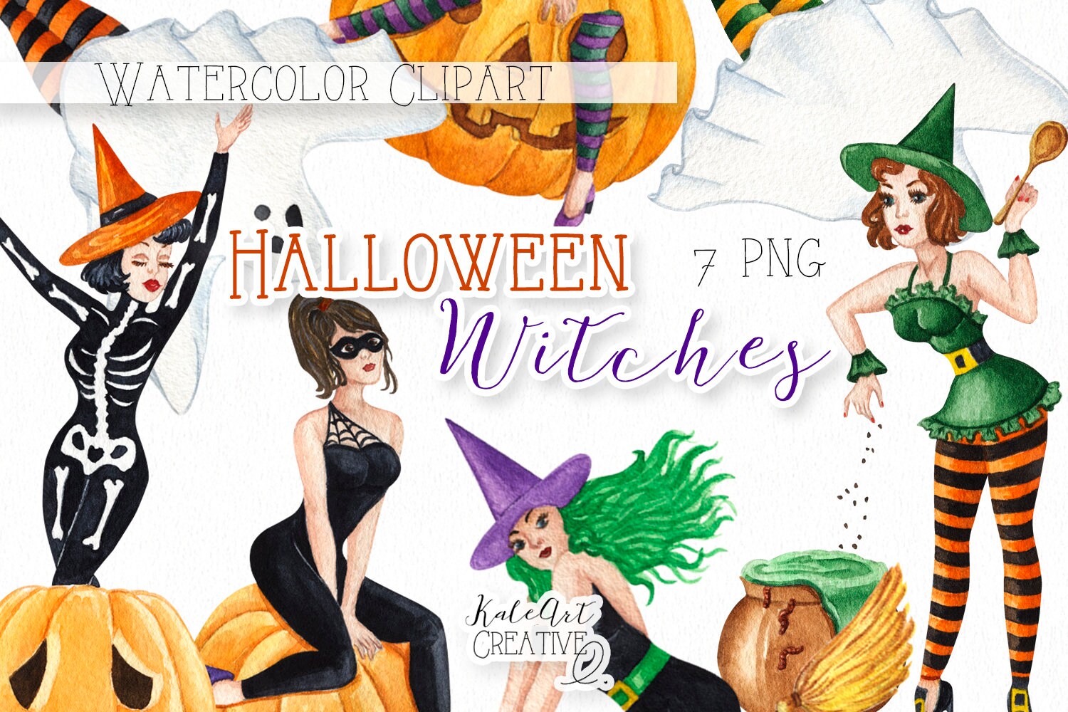 Watercolor Halloween Witches Clipart. Pin up Girls - Etsy