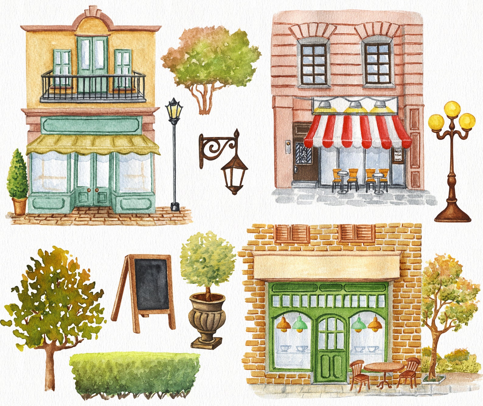 Watercolor Autumn Cafe Clipart. Fall City Landscape Clipart. - Etsy