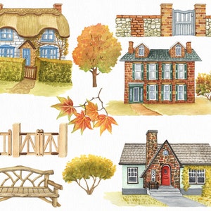 Watercolor Autumn Village Clipart. Cottage, House Clipart. Fall Scene ...