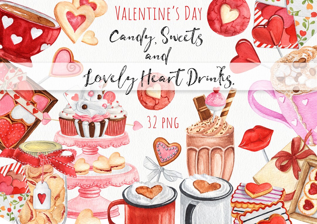 Watercolor Valentines Day Clipart. Candy, Cupcake, Sweets, Heart Cookie ...