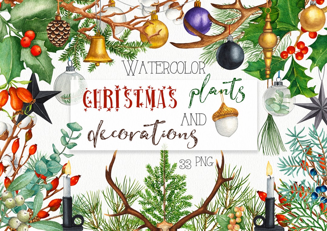 Watercolor Christmas Decoration and Plants Clipart. Christmas - Etsy