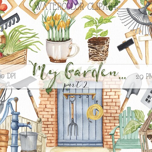 Watercolor Garden Clipart PNG. Watercolor Gardening Download - Etsy