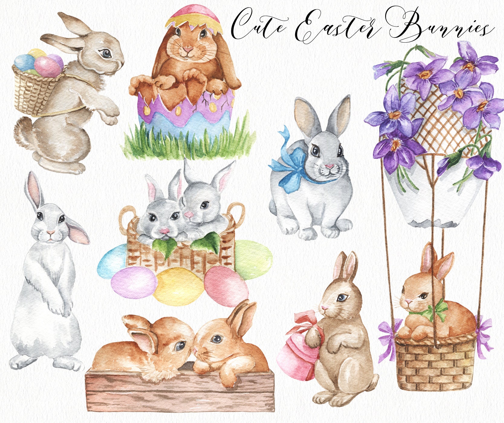 Watercolor Spring Easter Clipart. Easter Cute Rabbit. Vintage - Etsy