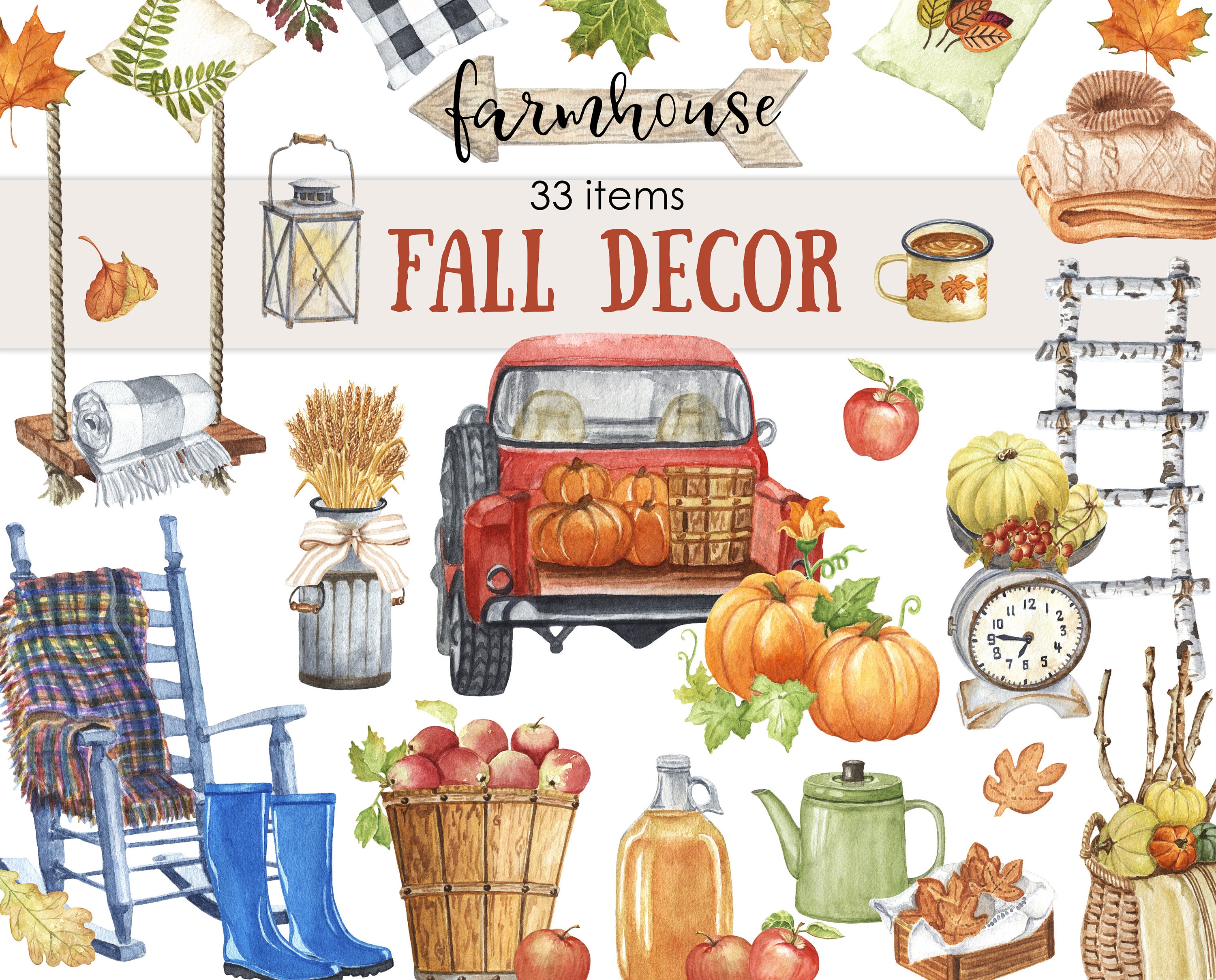 Watercolor Farmhouse Fall Decor Clipart. Cozy Autumn Clipart. - Etsy