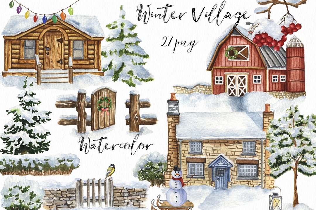 Watercolor Winter Village Clipart. Cottage, House, Chalet Clipart ...