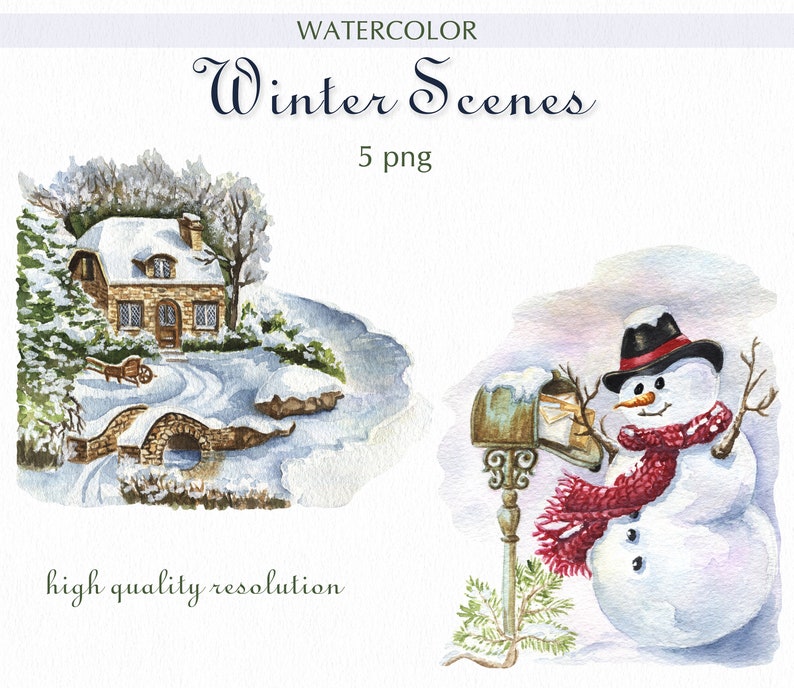 Watercolor Winter Scene Clipart. Christmas Season Clip Art. - Etsy