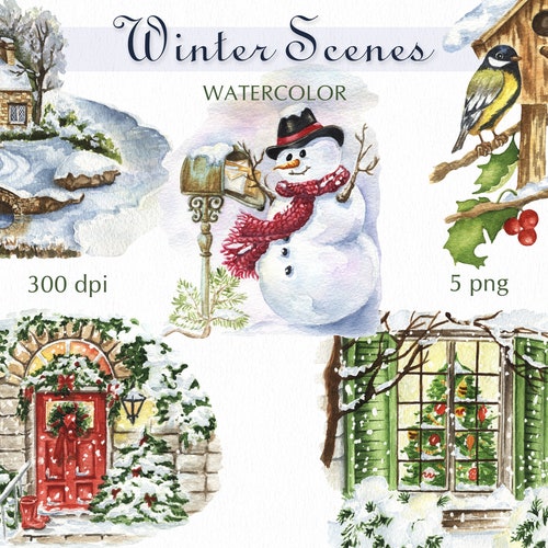 Watercolor Winter Scene Clipart. Christmas Season Clip Art. - Etsy