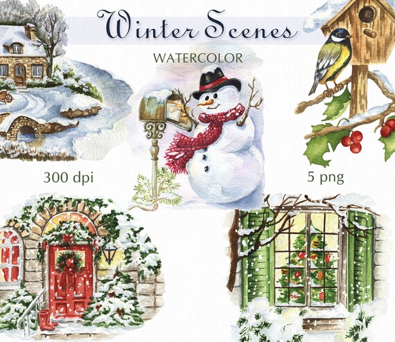 Watercolor Winter Scene Clipart. Christmas Season Clip Art. - Etsy