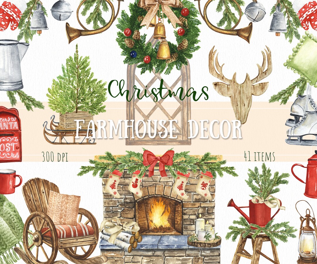 Watercolor Christmas Farmhouse Decor Clipart. Cozy Winter Clip Art ...