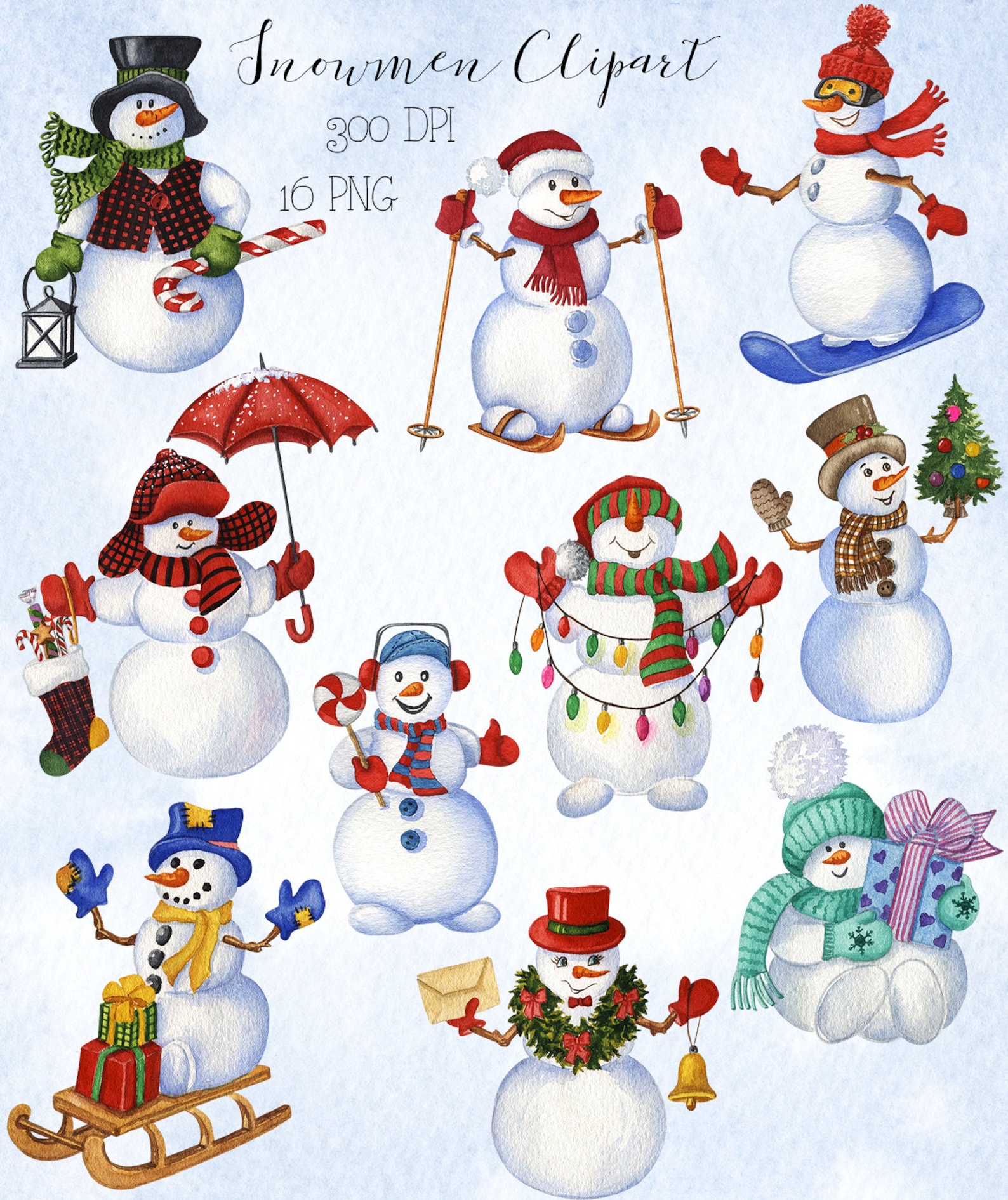 Watercolor Snowman Clipart. Winter Landscape Clipart. - Etsy