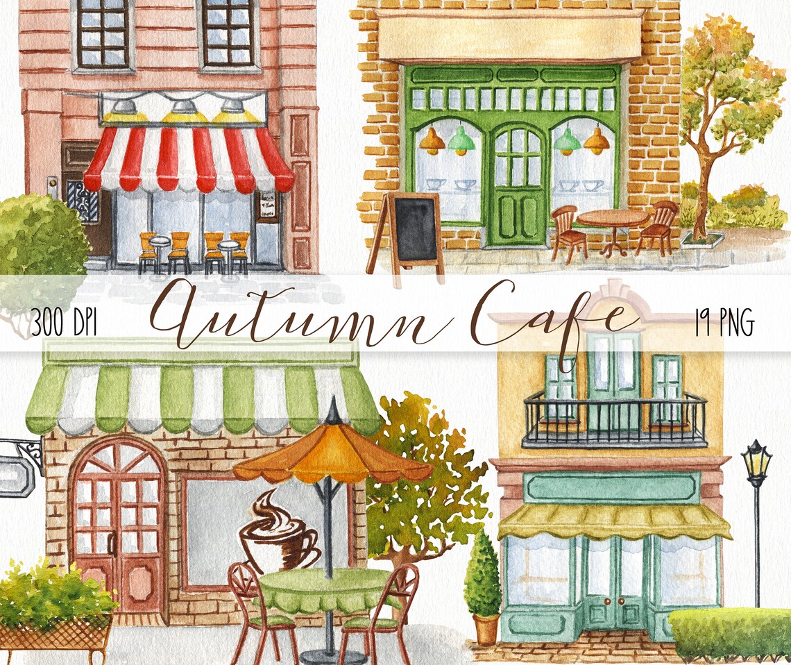 Watercolor Autumn Cafe Clipart. Fall City Landscape Clipart. - Etsy
