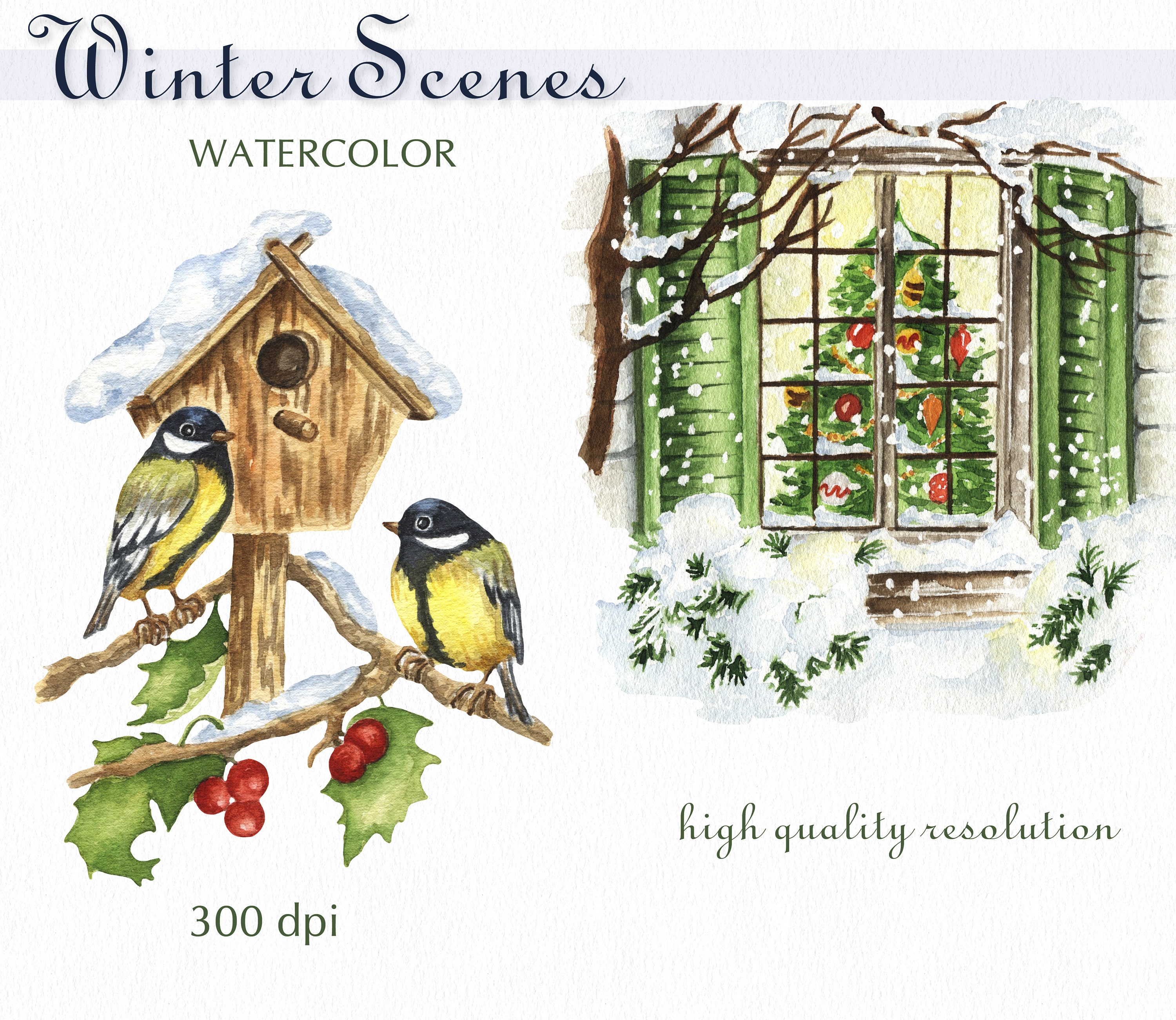 Watercolor Winter Scene Clipart. Christmas Season Clip Art. - Etsy