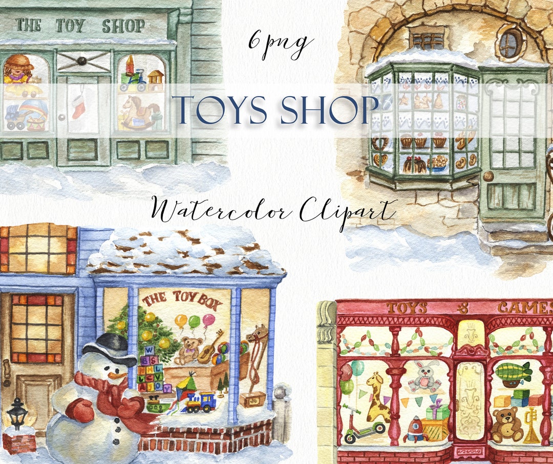 Watercolor Toys Shop Clipart. Winter Scene Clipart. Christmas Toys ...