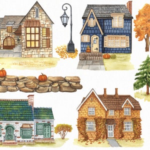 Watercolor Autumn Village Clipart. Cottage, House Clipart. Fall Scene ...