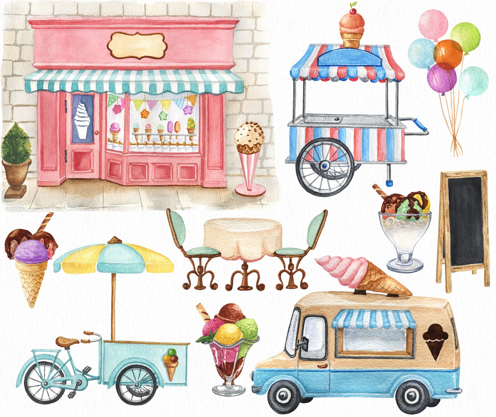 Watercolor Ice Cream Clipart. Ice Cream Cone Truck Cafe - Etsy