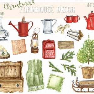 Watercolor Christmas Farmhouse Decor Clipart. Cozy Winter Clip Art ...