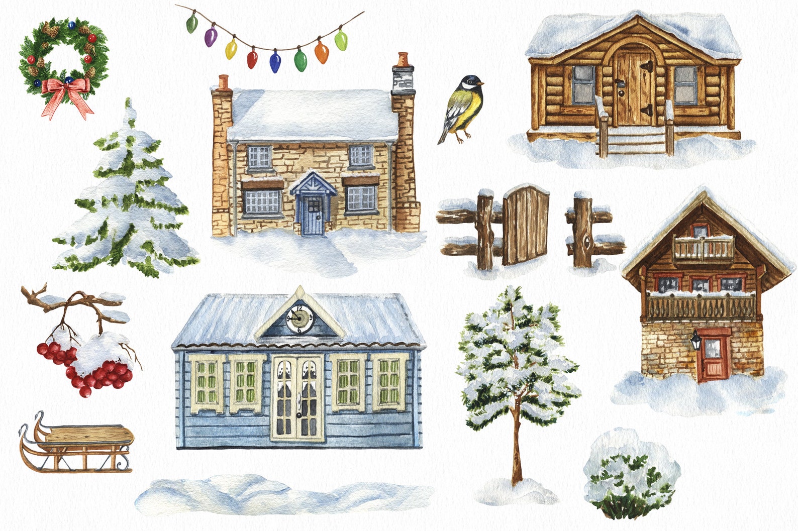 Watercolor Winter Village Clipart. Cottage House Chalet - Etsy