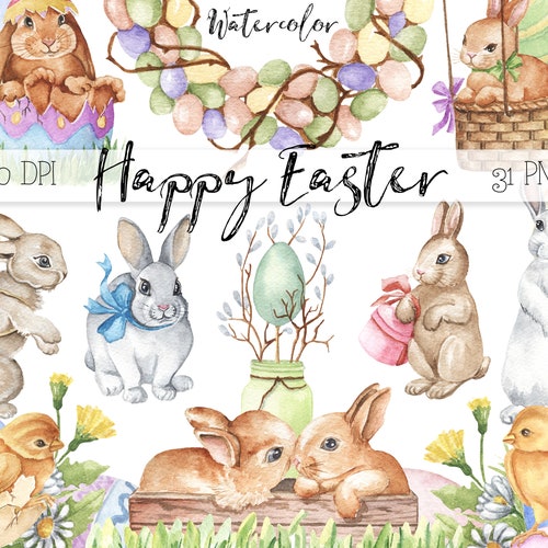 Watercolor Spring Easter Clipart. Easter Cute Rabbit. Vintage - Etsy