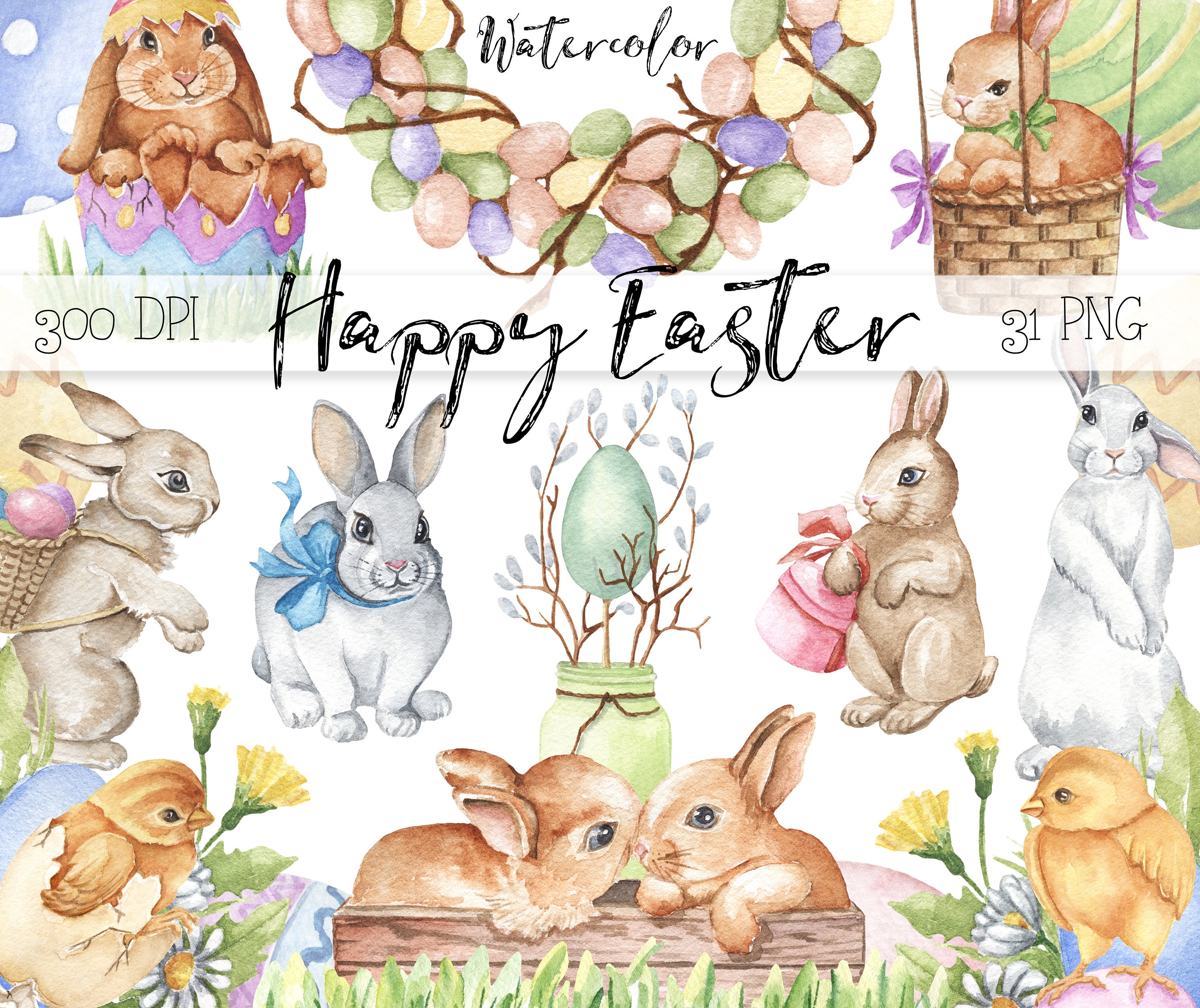 Watercolor Spring Easter Clipart. Easter Cute Rabbit. Vintage - Etsy