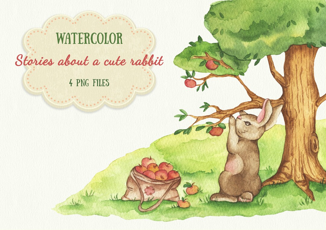 Rabbit Watercolor Clipart. Cute Bunny Clip Art. Rabbit in the Garden ...