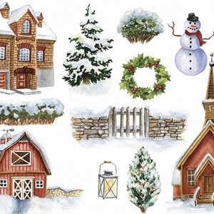 Watercolor Winter Village Clipart. Cottage, House, Chalet Clipart ...