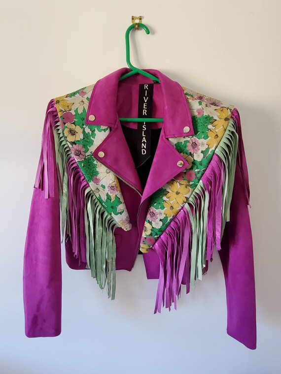 Purple Floral Leather Jacket Cape With Fringe - Etsy