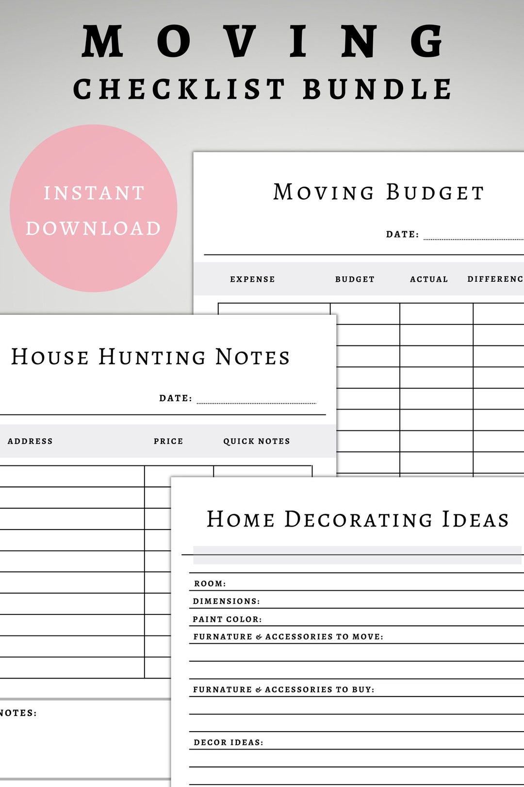 Moving Checklist Bundle Minimal Grey Scale Complete Moving Planner ...