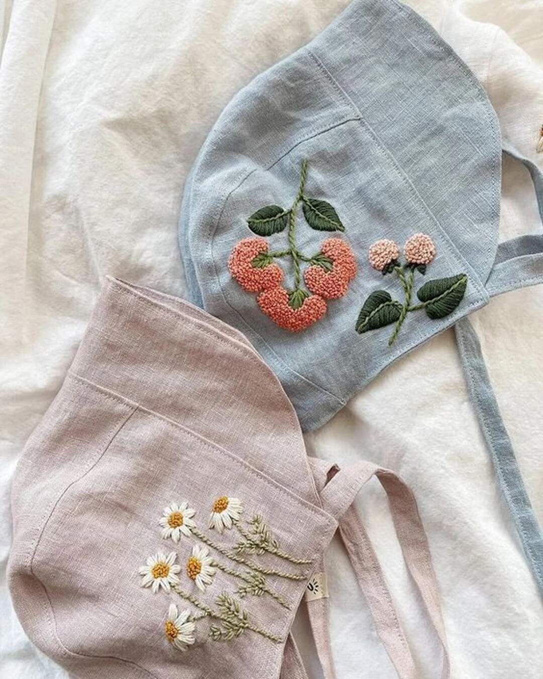 Hand Embroidered Linen Bonnet, Linen Baby Bonnet With Floral ...