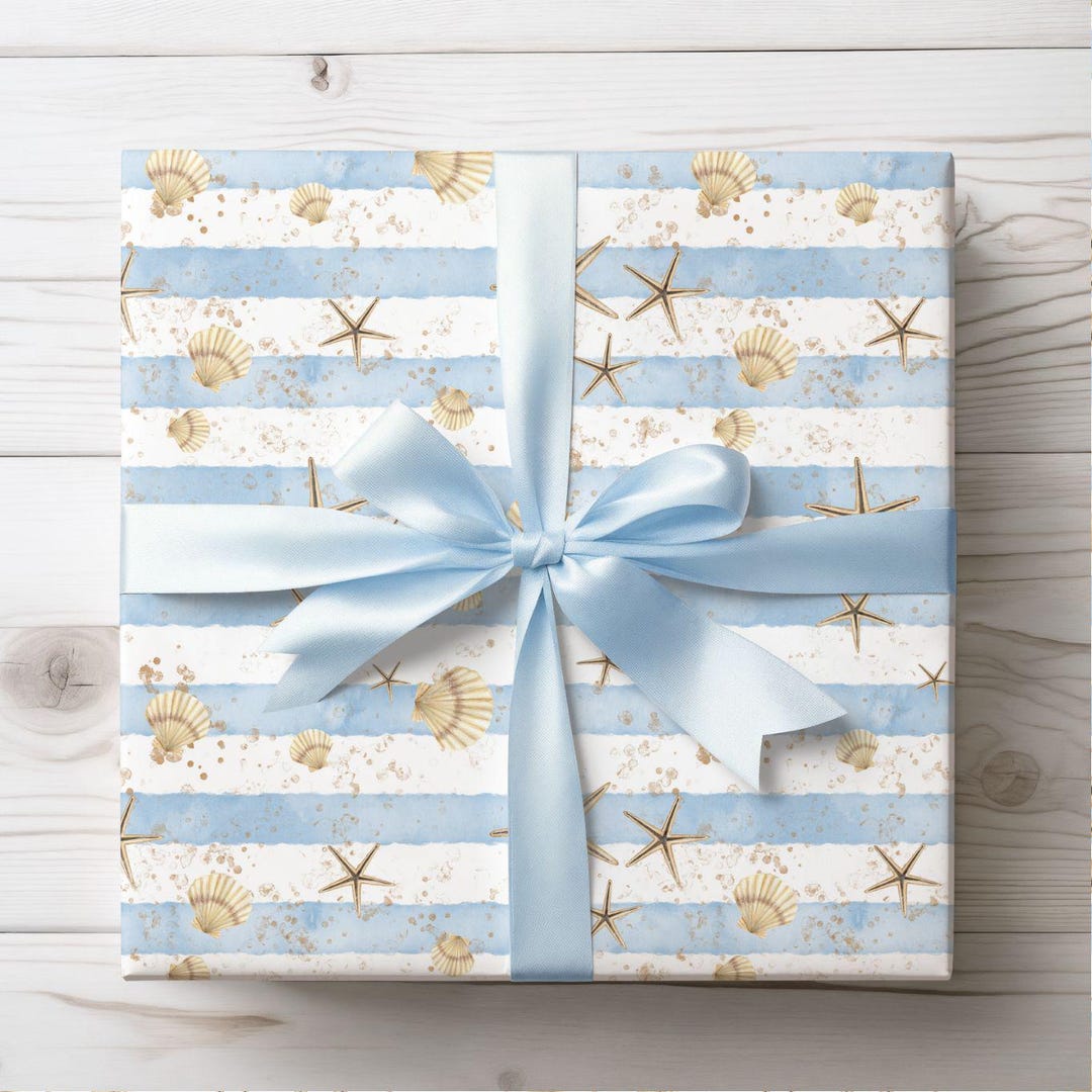 Coastal Wrapping Paper, Starfish and Seashell Christmas Gift Wrap, Blue ...